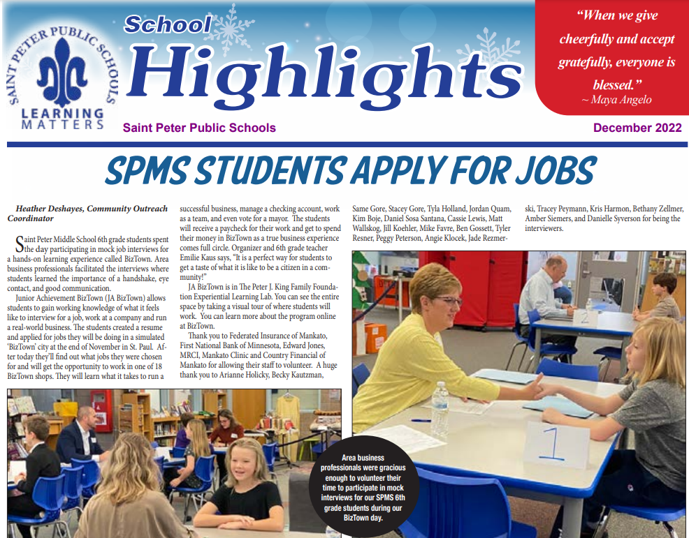 December HIGHLIGHTS is live! | Saint Peter Middle School